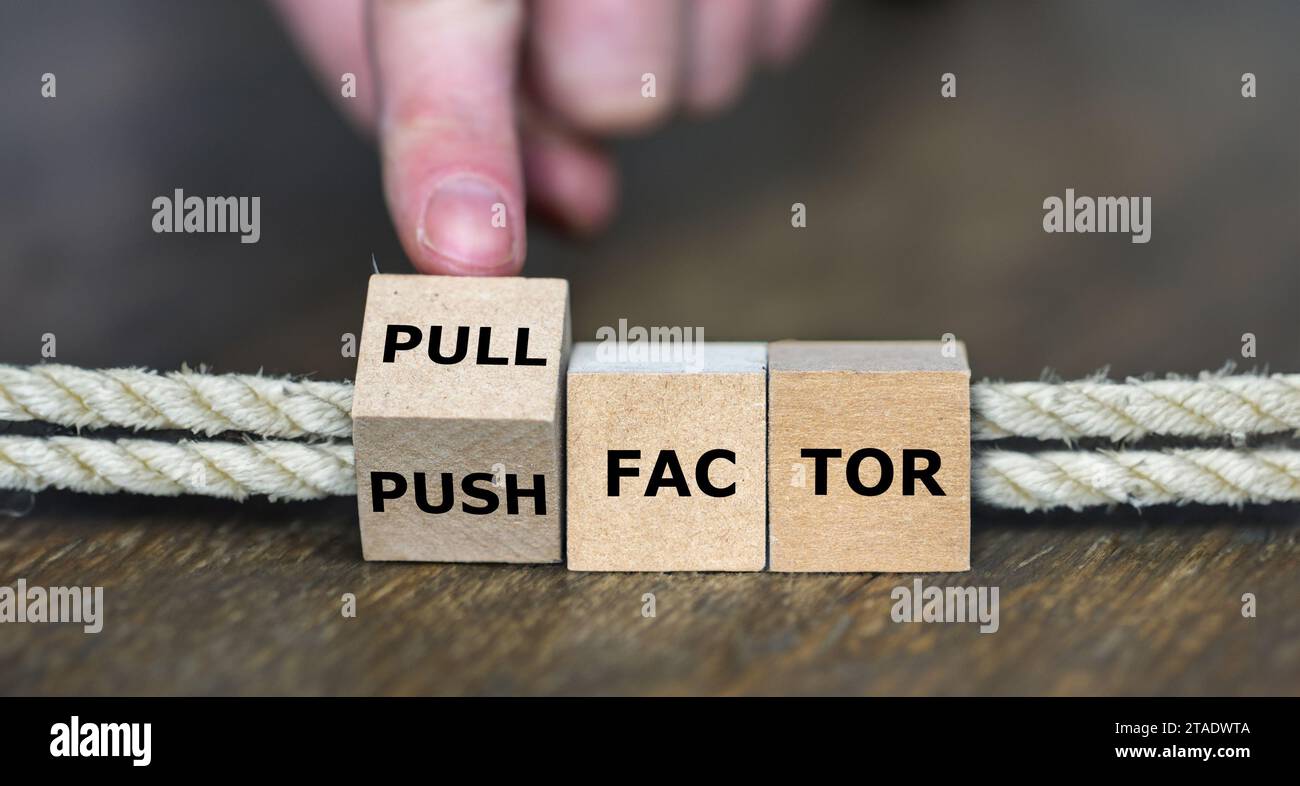 Hand turns wooden cube and changes the expression 'push factor' to ...