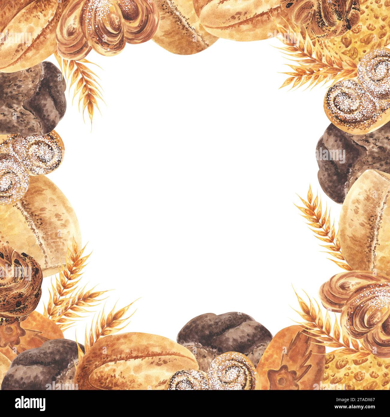 Bread and wheat watercolor square frame. Hand drawn illustrations of ...