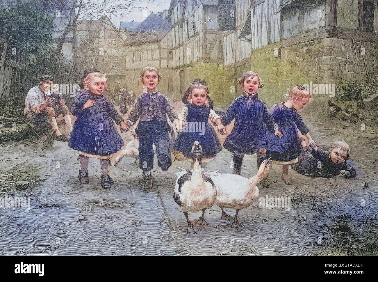 Kinder spielen mit Gänsen auf der Dorfstrasse, laufen in einer Reihe ...