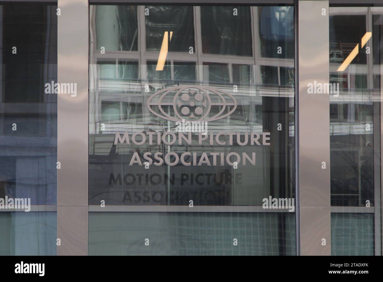 Signage from the exterior of the headquarters of the Motion Picture ...