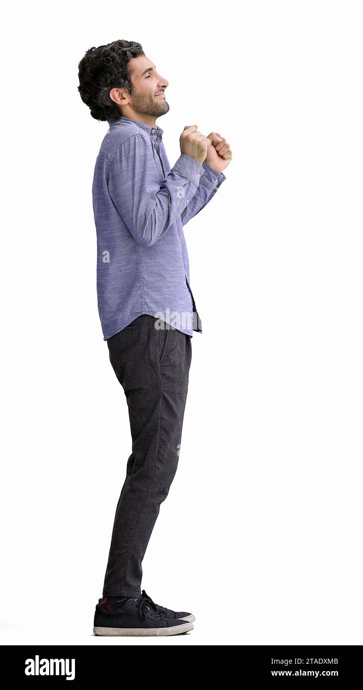 man isolated on a white background shows with his hands a sign of what ...