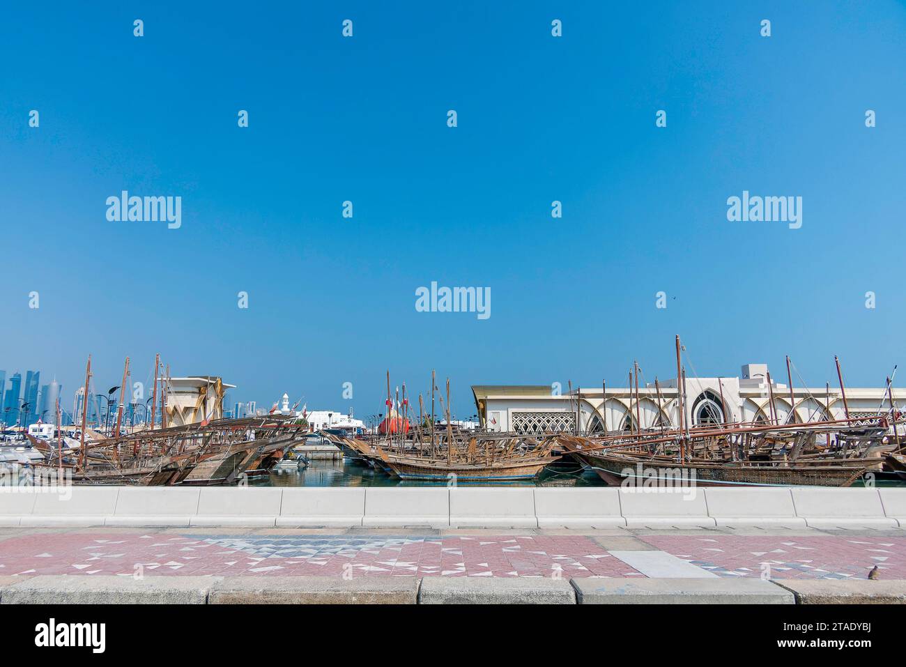 Doha, Qatar, November 1, 2023. Traditional Arab dhow on the road toDoha ...