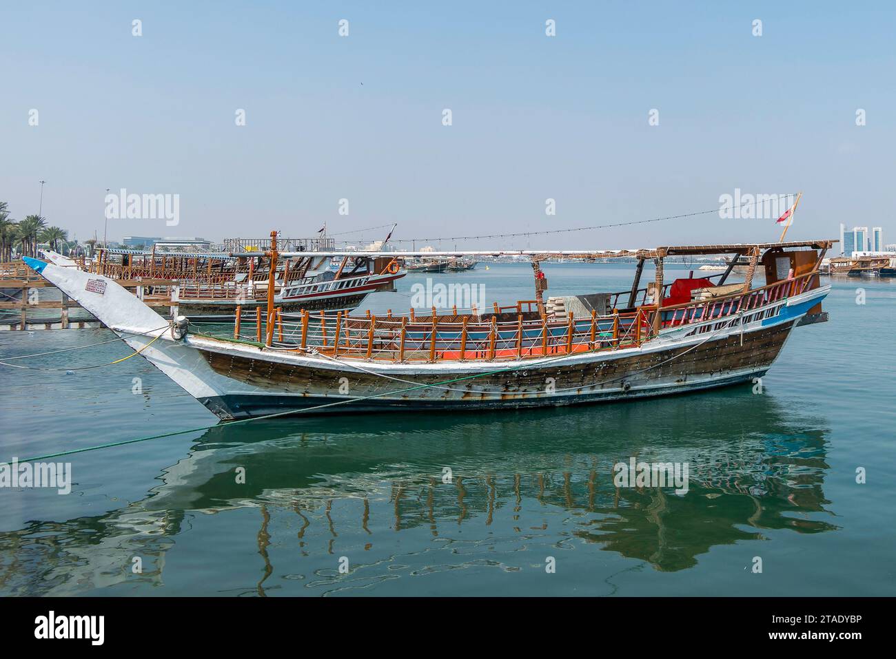 Doha, Qatar, November 1, 2023. Traditional Arab dhow on the road toDoha ...