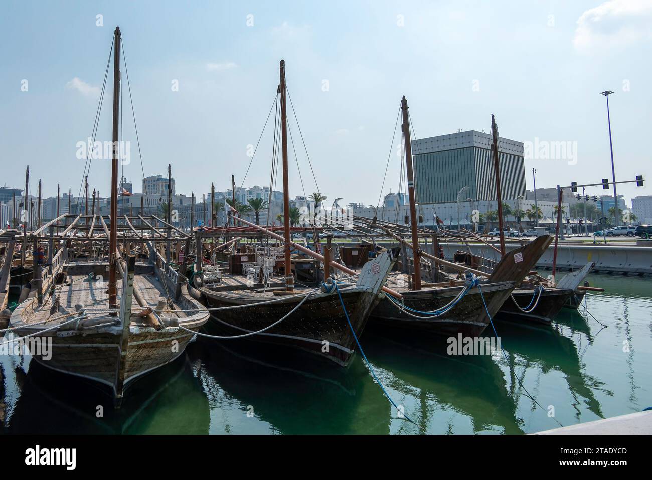 Doha, Qatar, November 1, 2023. Traditional Arab dhow on the road toDoha ...
