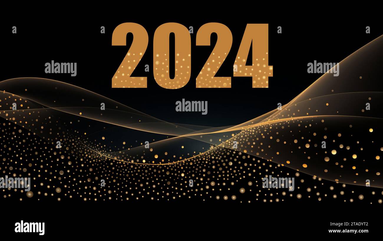 New Year 2024 on Abstract shiny gold wave design element with dot grid and glitter effect on ...