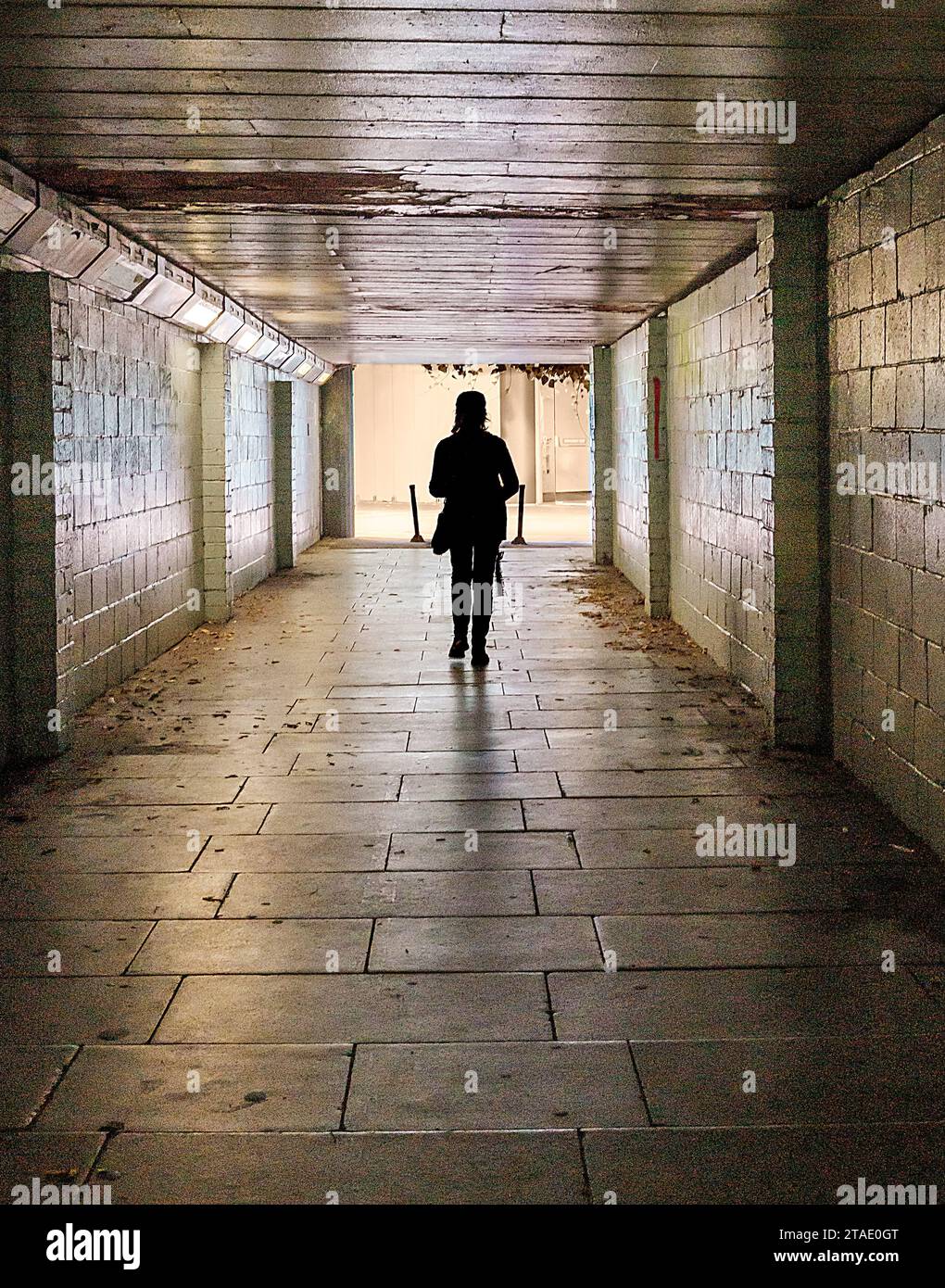 Monochrome image of silhouette of a female person walking in a dark ...