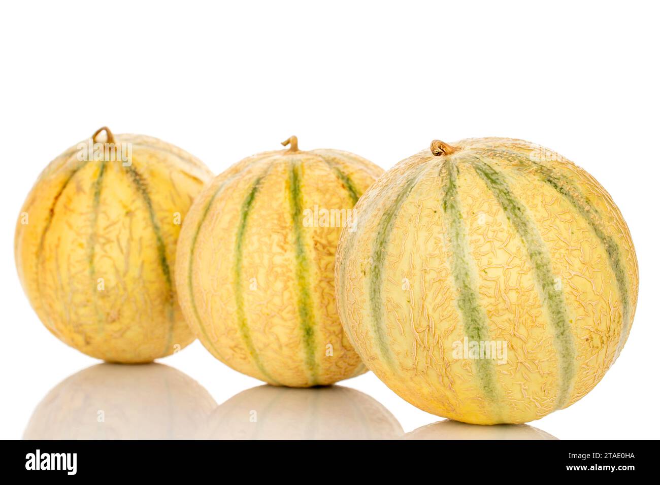 Three ripe cut melons, close-up, isolated on white Stock Photo - Alamy