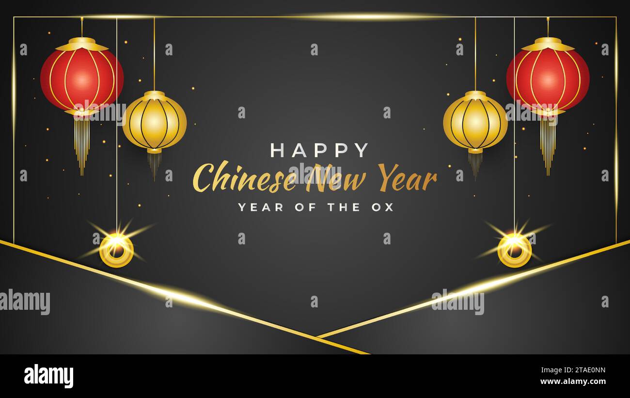 Happy Chinese New Year banner or poster with red and gold lanterns and ...
