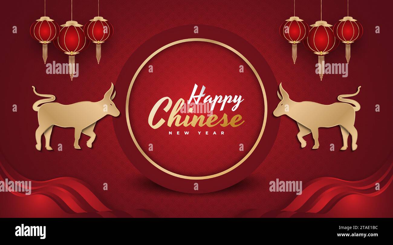 Happy Chinese New Year banner with golden ox and lantern on red ...