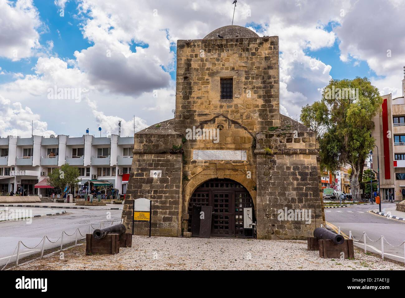 A view of the Kyrenia gate in Northern Nicosia, Cyprus with the city as ...