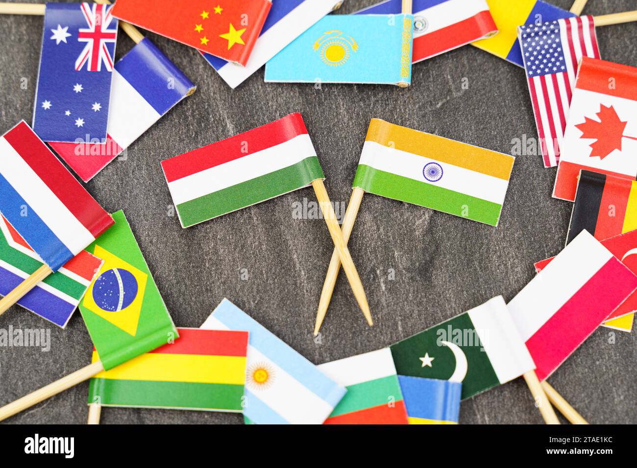 Policy. National flags of different countries. The concept is diplomacy ...