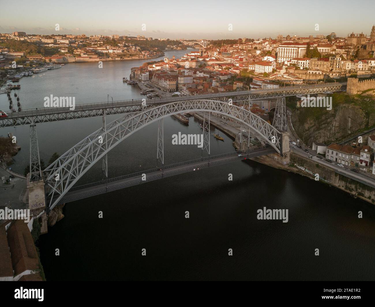 A majestic metal bridge spanning a tranquil river in a bustling city on ...