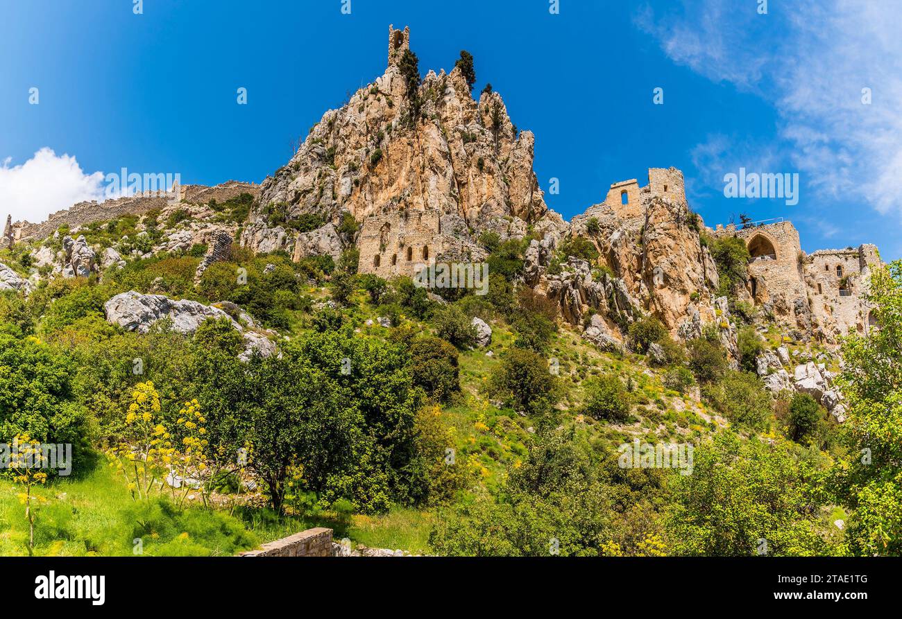 A panorama view looking upwards towards Saint Hilarion Castle, Northern ...