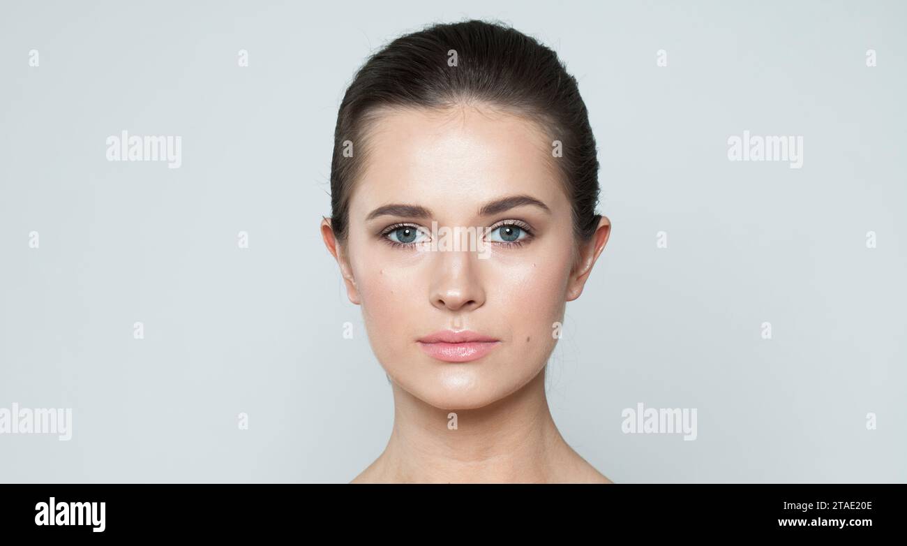 Healthy woman with beauty face and fresh facial skin close up portrait ...