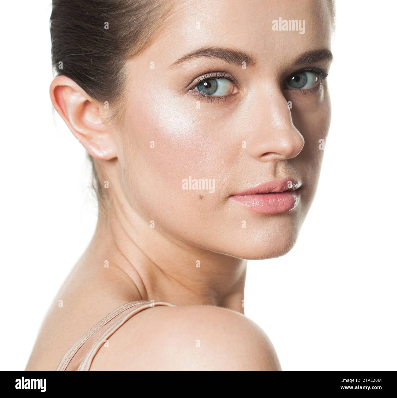 Cute woman with beauty face and healthy facial skin close up portrait ...