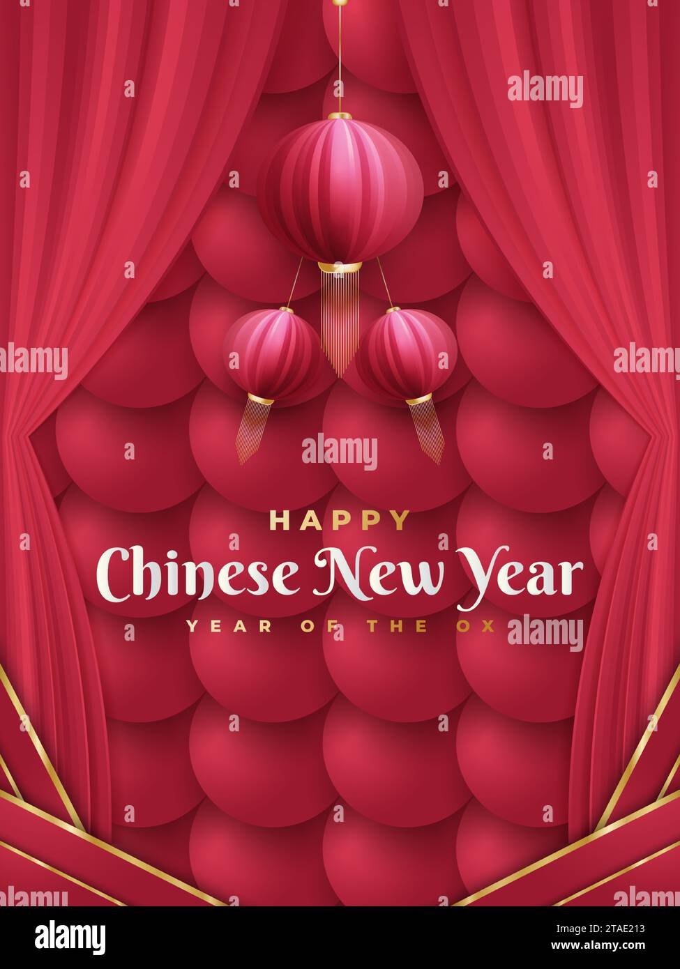 Happy Chinese New Year banner or poster with red and gold lanterns and ...