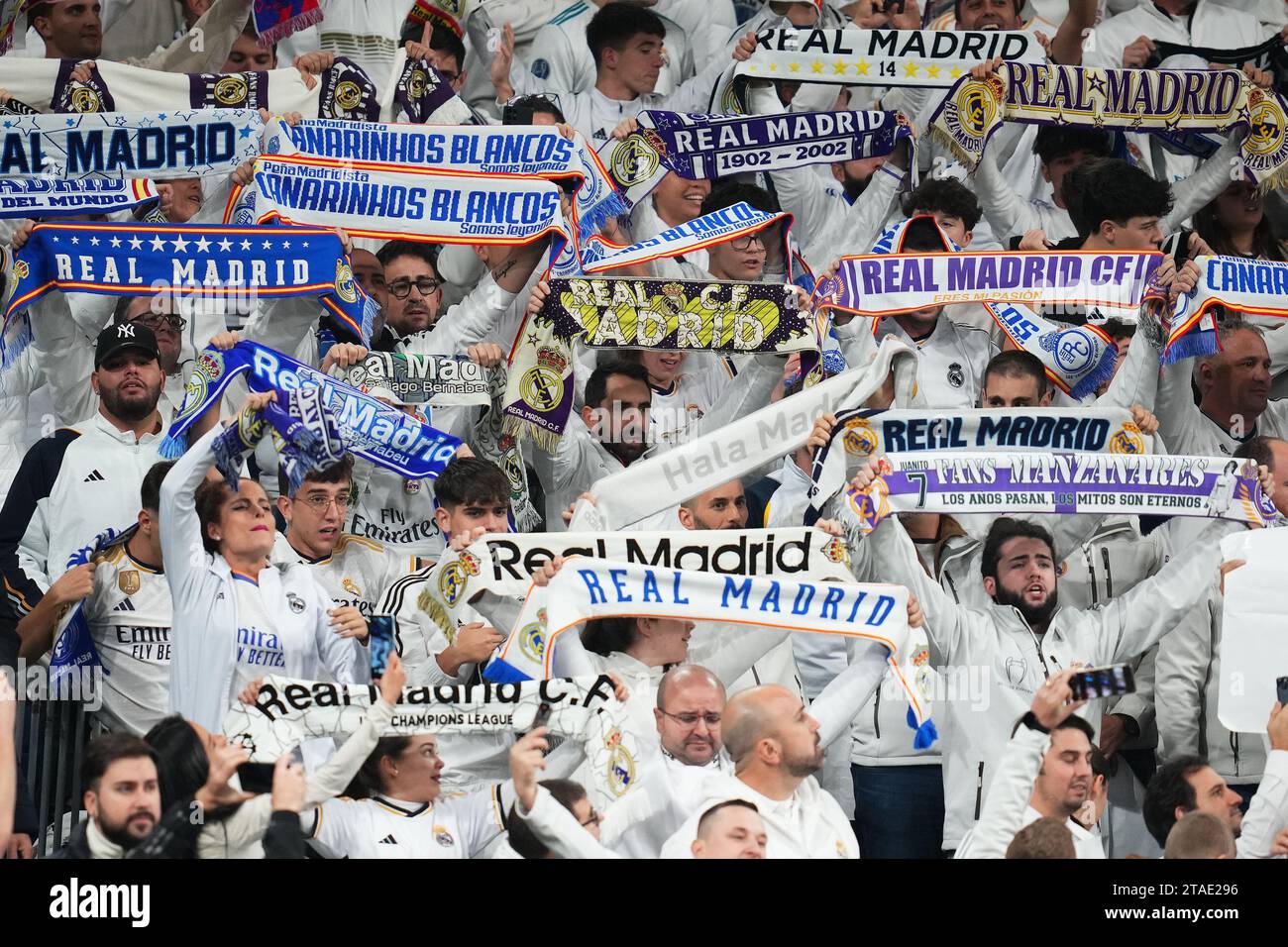 Madrid, Spain. 29th Nov, 2023. Real Madrid fans with scarves on the ...