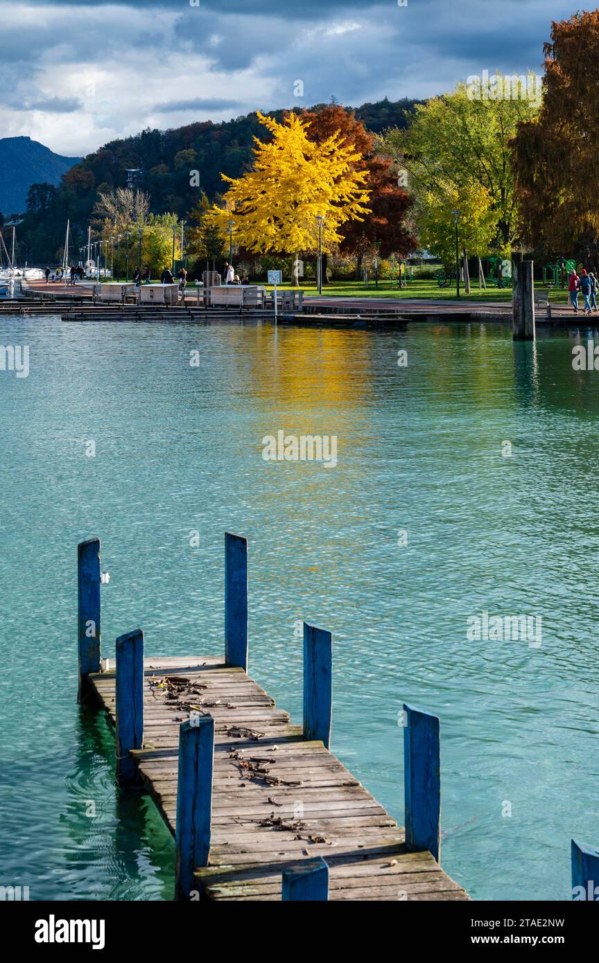 France, Haute Savoie, Annecy, the city with autumn colors in the garden ...