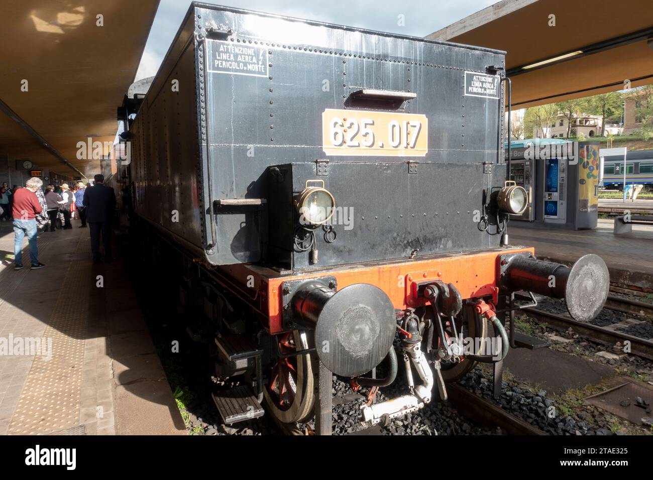 Old Italian steam locomotive, treno natura,park on the platform. Siena ...