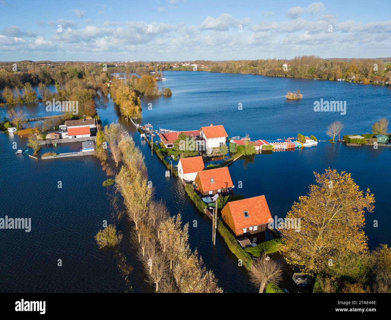 France, Pas de Calais, Ardres, road and homes flooded by the lake which ...