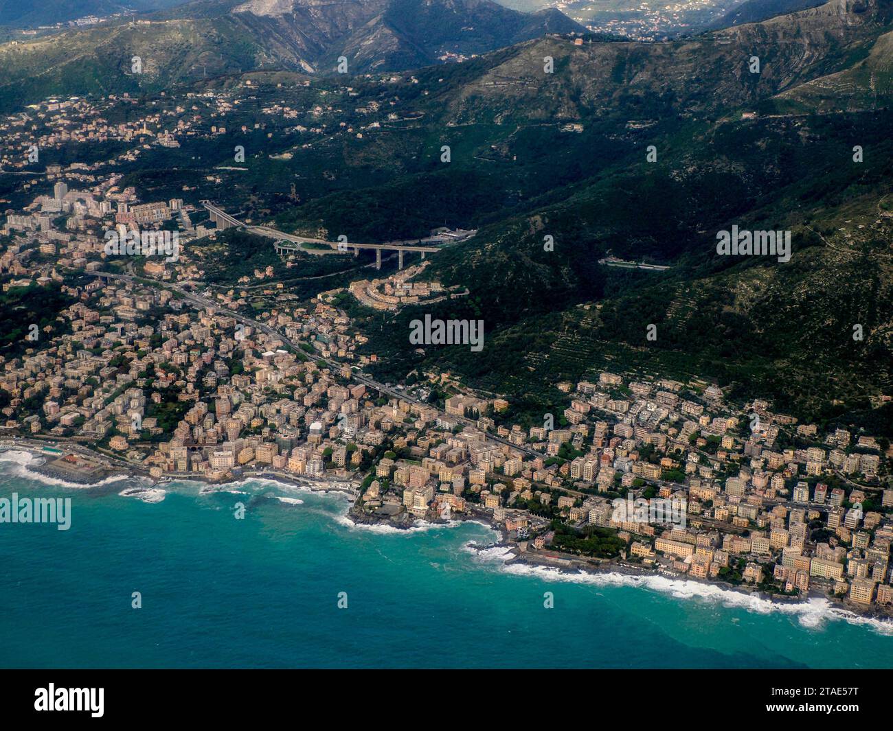 Genoa Italy aerial view before landing to airport by airplane during a ...