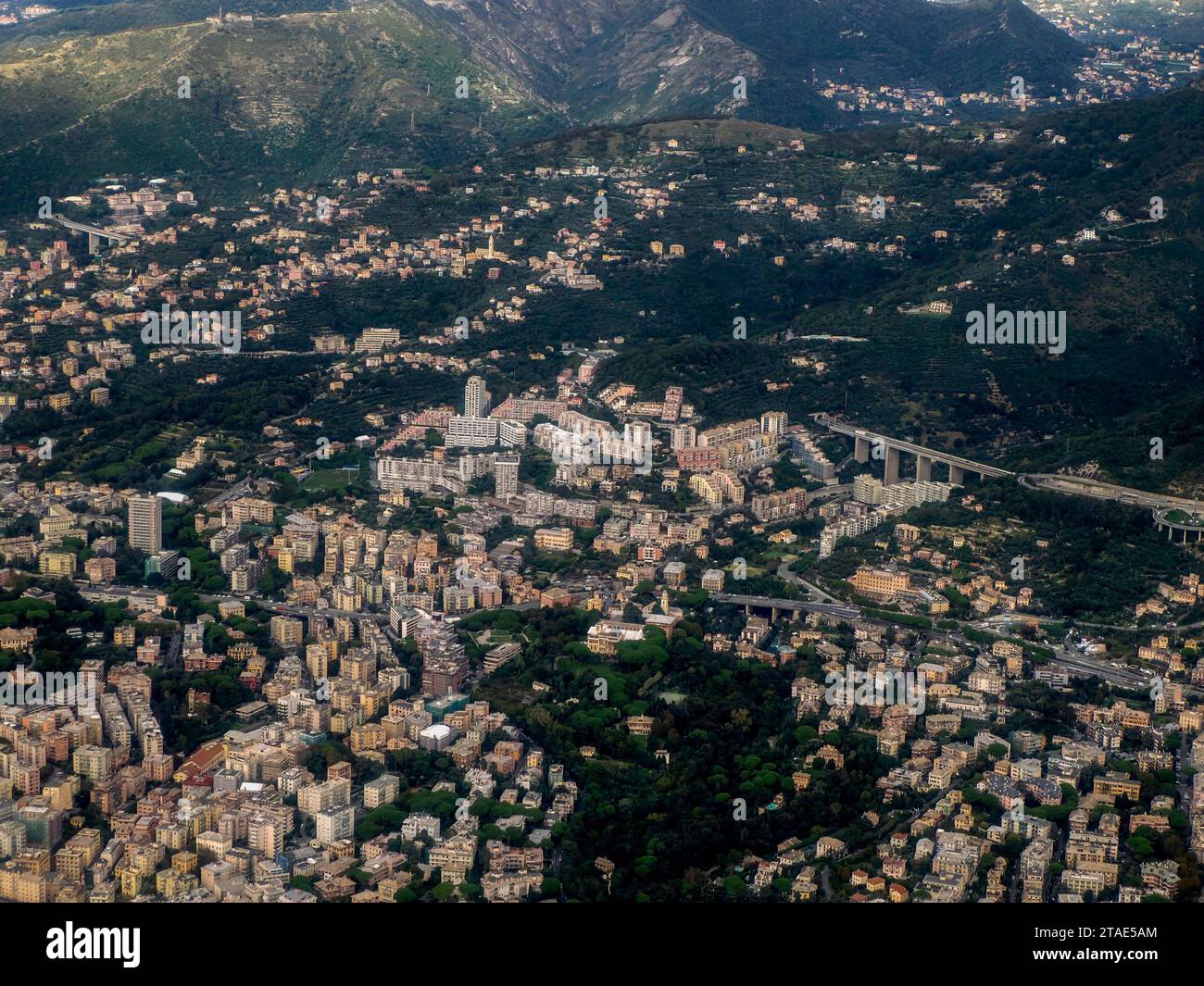 Genoa Italy aerial view before landing to airport by airplane during a ...