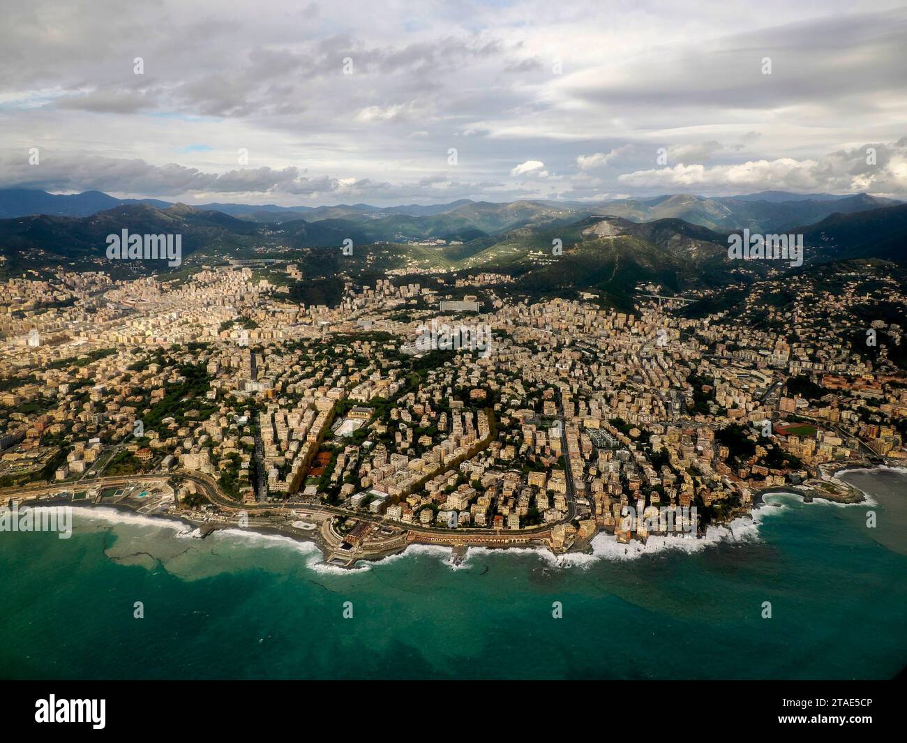Genoa Italy aerial view before landing to airport by airplane during a ...