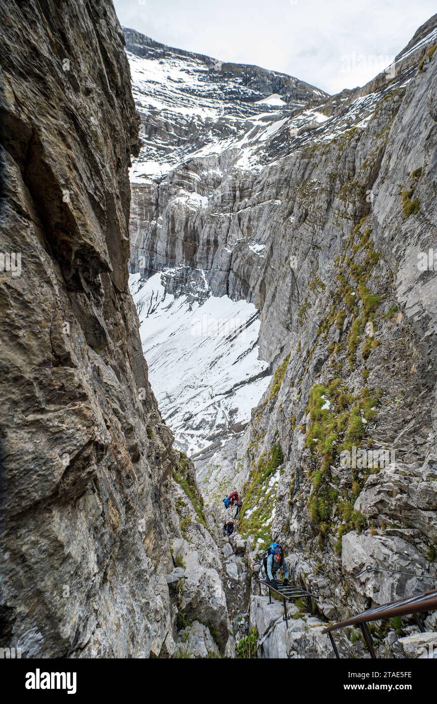 Switzerland, Valais, Champéry, Tour des Dents Blanches, hikers on the ...