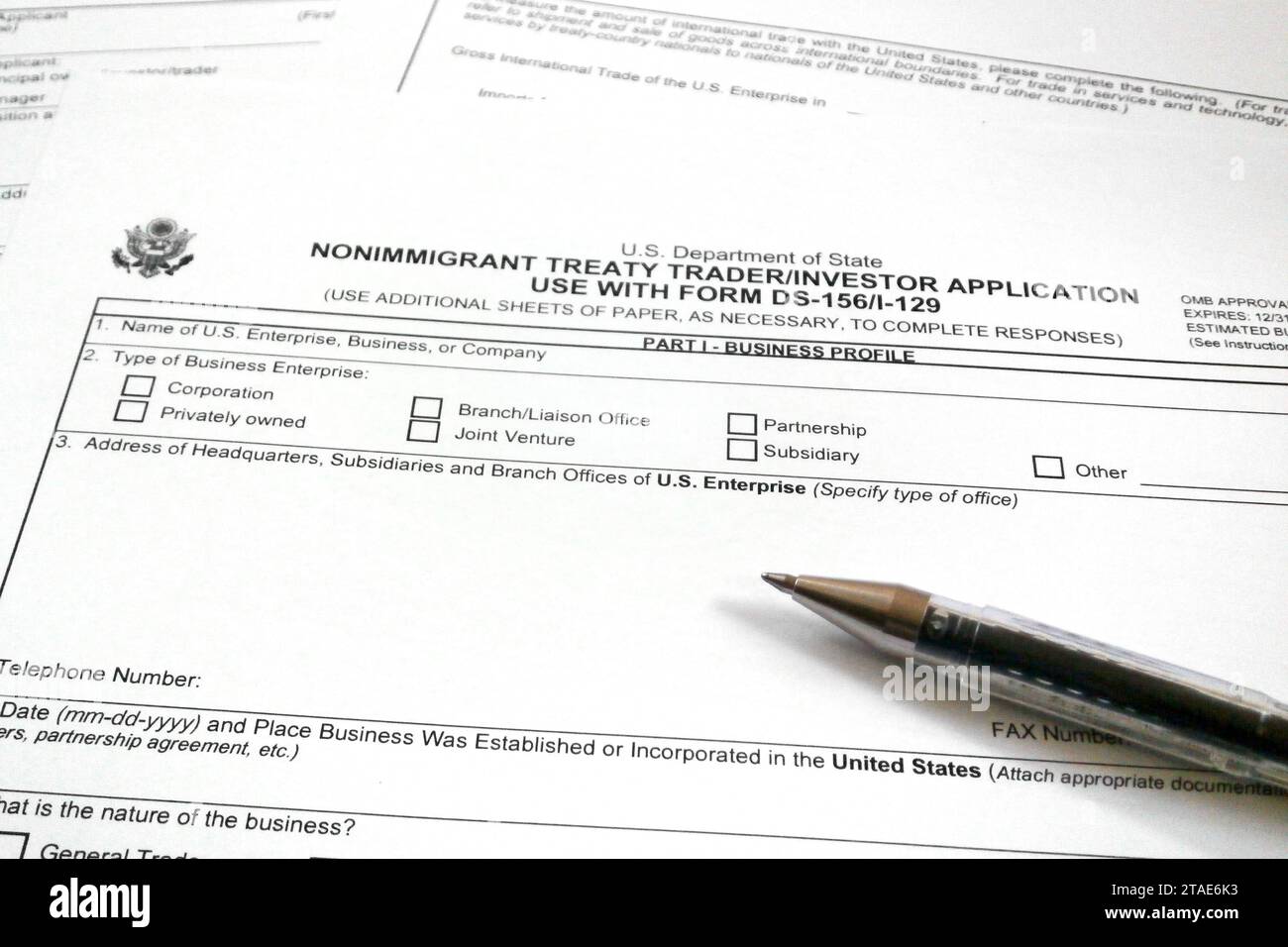 A pen on the top of an american application form for Non-immigrant ...