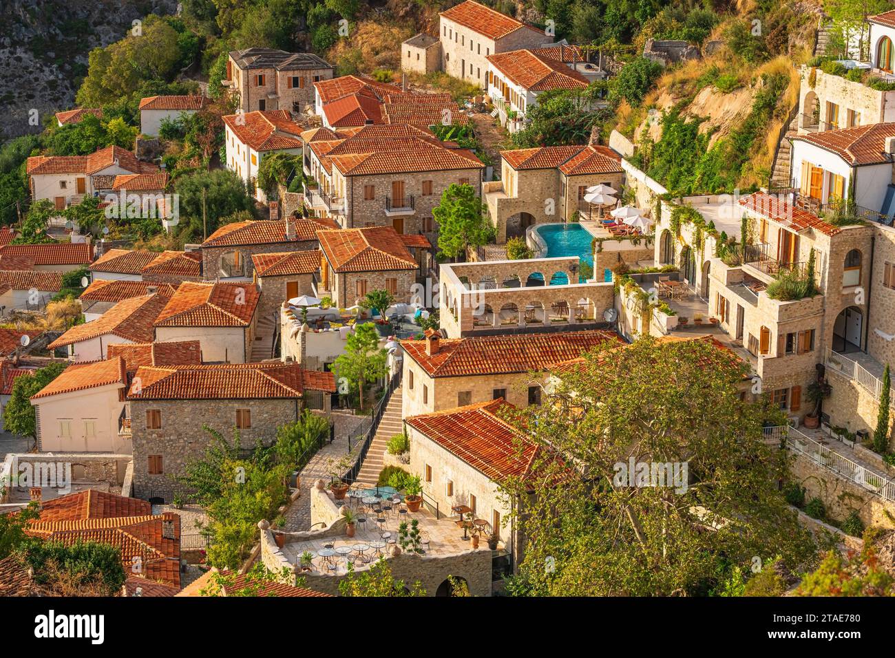 Albania, Vlora province, the old village of Dhermi built on a slope of ...