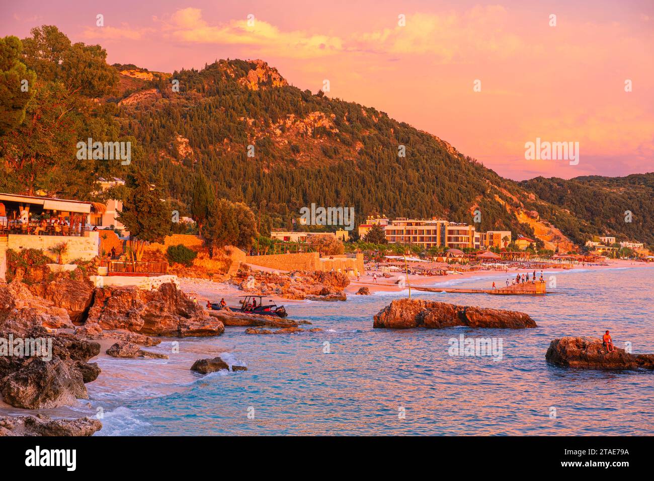 Albania, Vlora province, Dhermi, seaside resort on the Albanian Riviera, sunset on Dhermi beach ...
