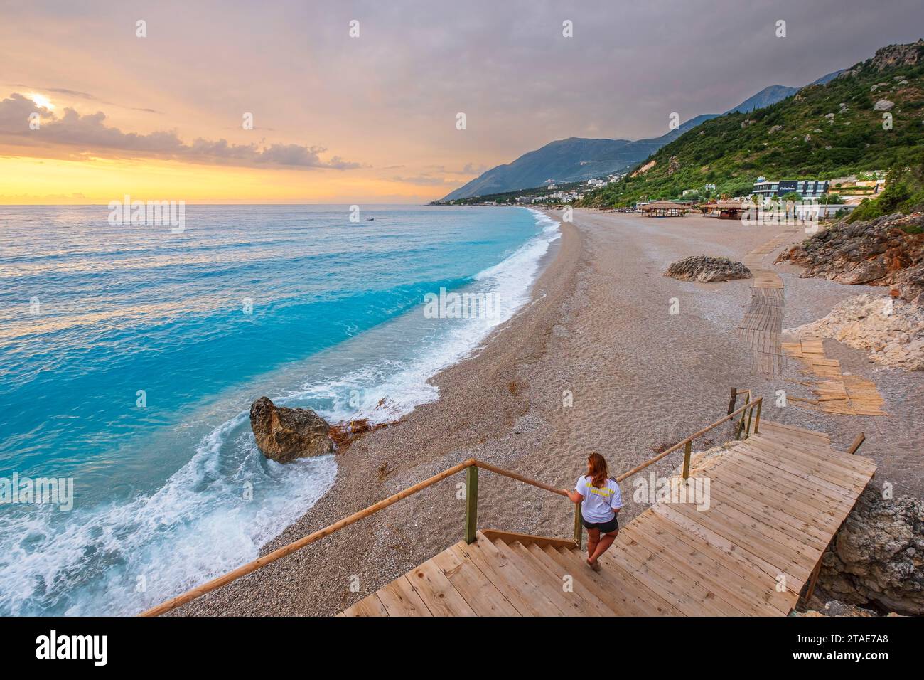 Albania, Vlora province, Dhermi, seaside resort on the Albanian Riviera, sunset on Dhermi beach ...