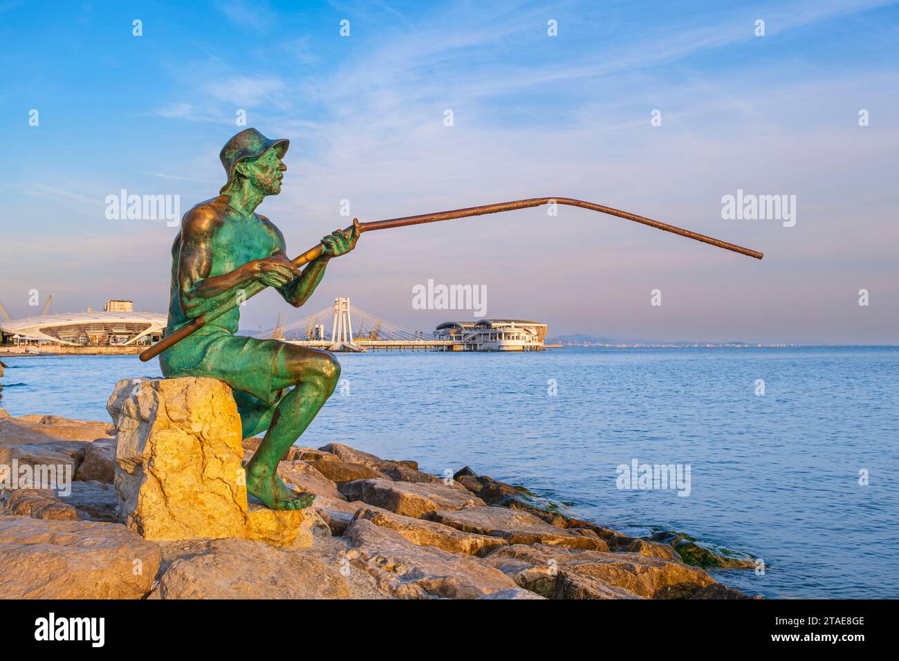 Albania, Durres, fisherman sculpture along the Volga promenade by the ...