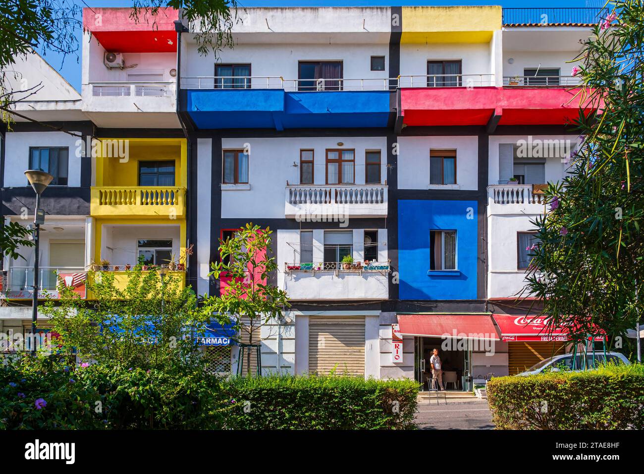 Albania, Durres, building painted in the style of Dutch artist Piet ...