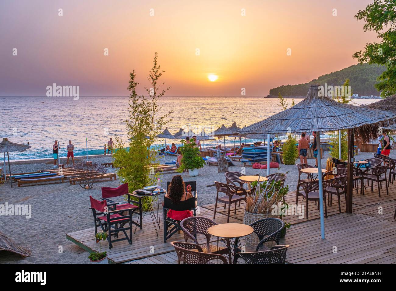 Albania, Vlora province, Himare, seaside resort on the Albanian Riviera, sunset on Prinos beach ...