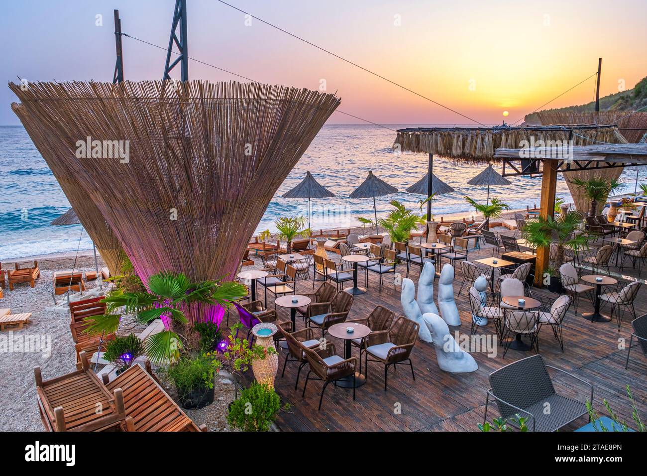 Albania, Vlora province, Himare, seaside resort on the Albanian Riviera, sunset on Prinos beach ...