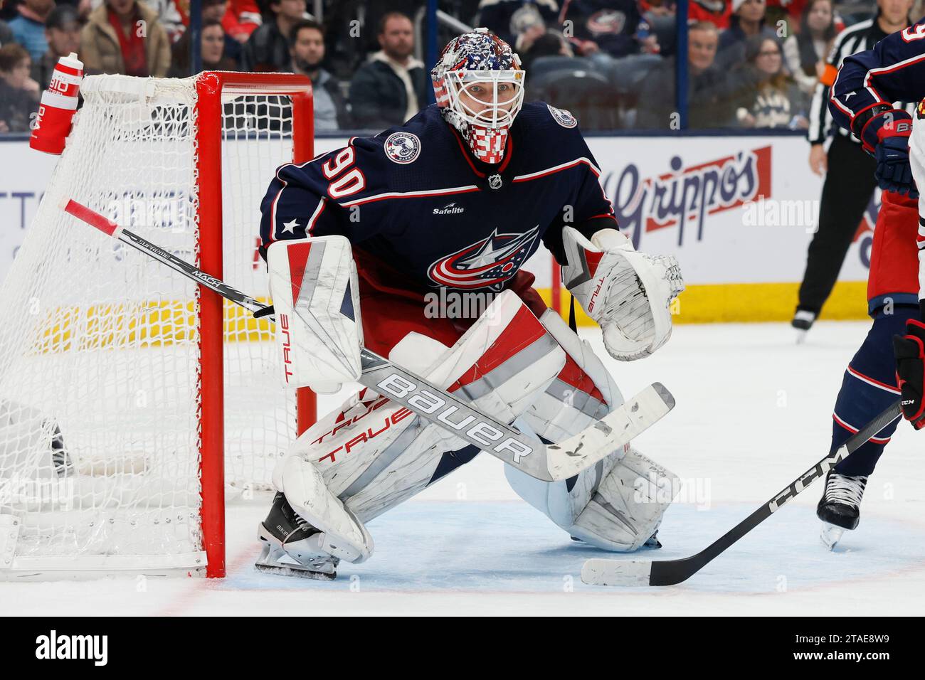 Columbus Blue Jackets' Elvis Merzlikins plays against the Chicago ...