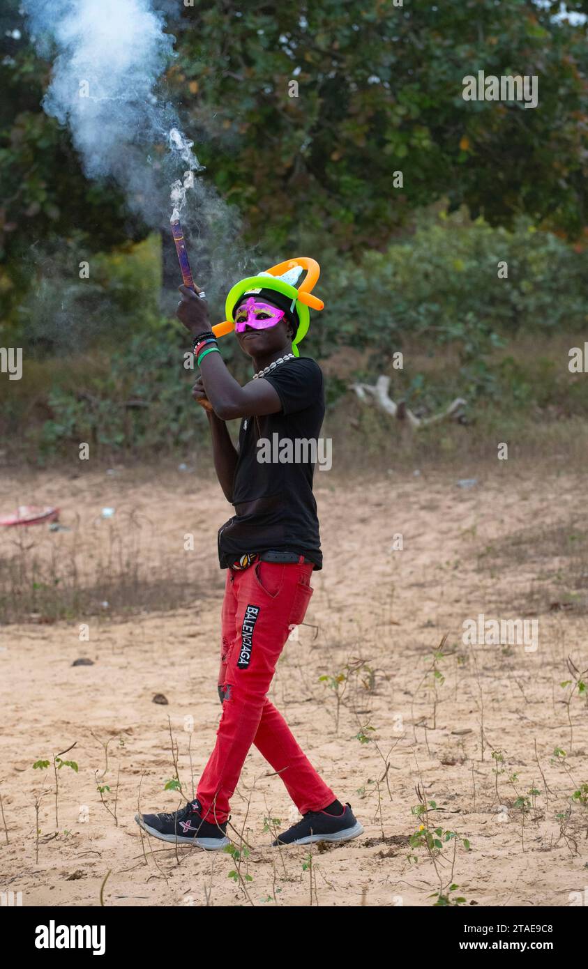 Senegal, Casamance, Cap Kirring, man firing fireworks during a ...