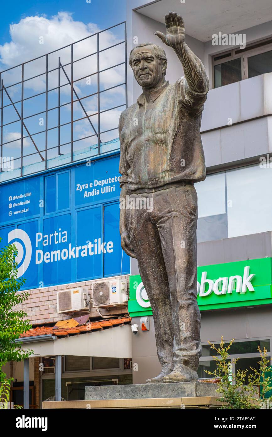 Albania, Durres province, Fushe Kruje, statue in tribute to President ...