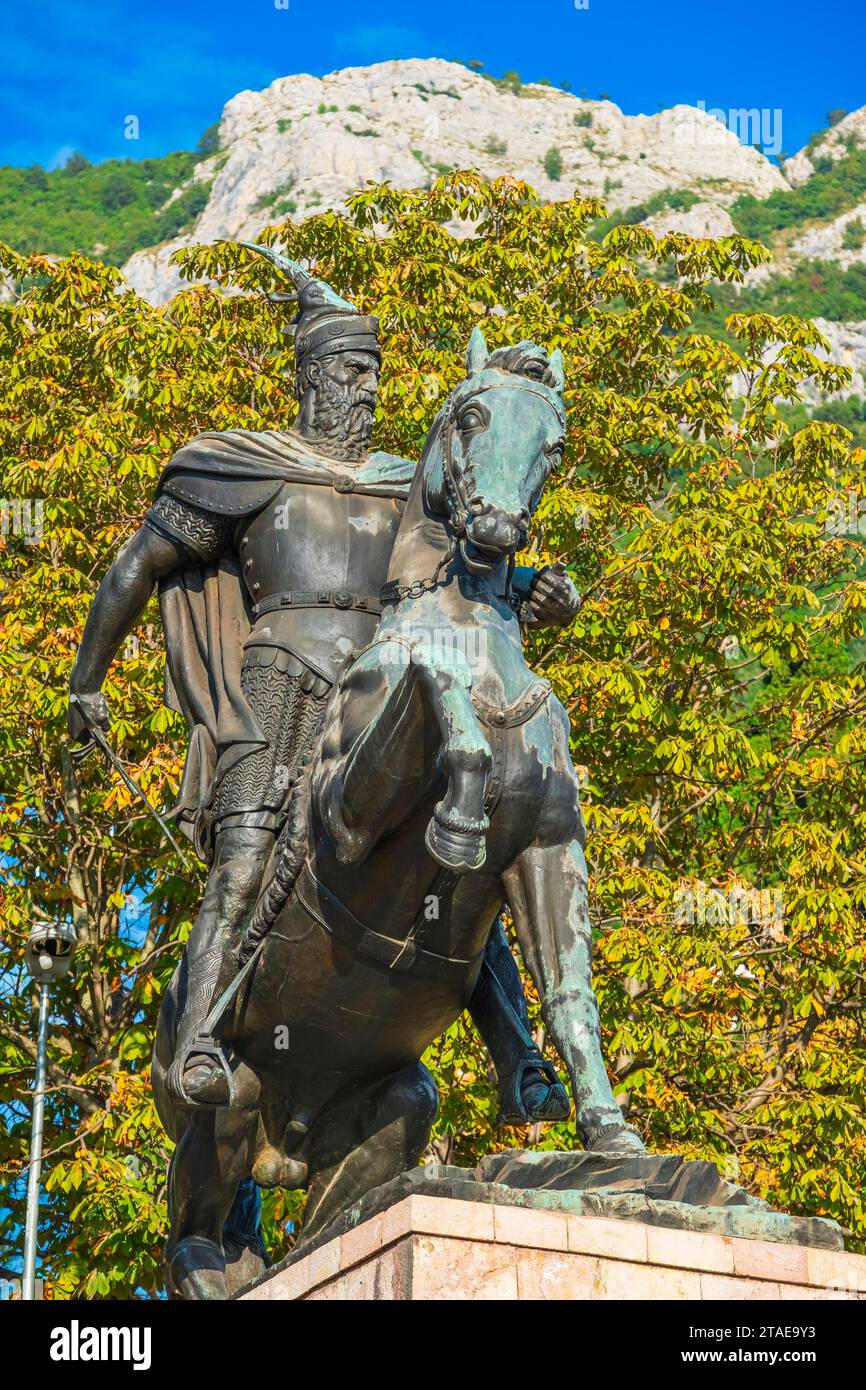 Albania, Durres province, Kruje, equestrian statue of George Kastrioti ...