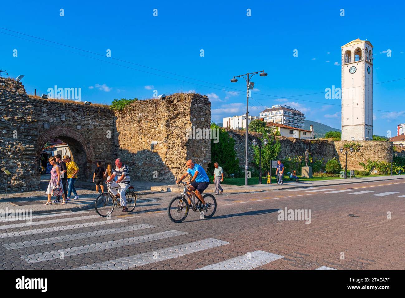 Albania, Elbasan, ramparts of the medieval citadel and the Clock Tower ...