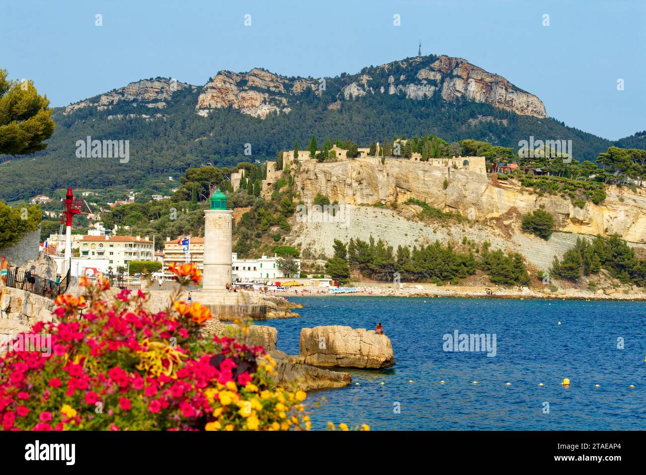 France, Bouches du Rhone, Cassis, Bestouan beach, Port entrance and the ...