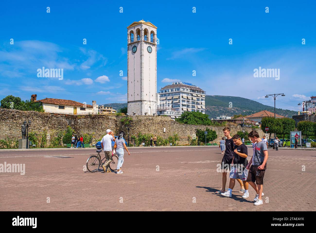 Albania, Elbasan, ramparts of the medieval citadel and the Clock Tower ...