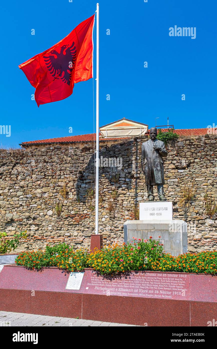 Albania, Elbasan, ramparts of the medieval citadel, statue of Aqif ...