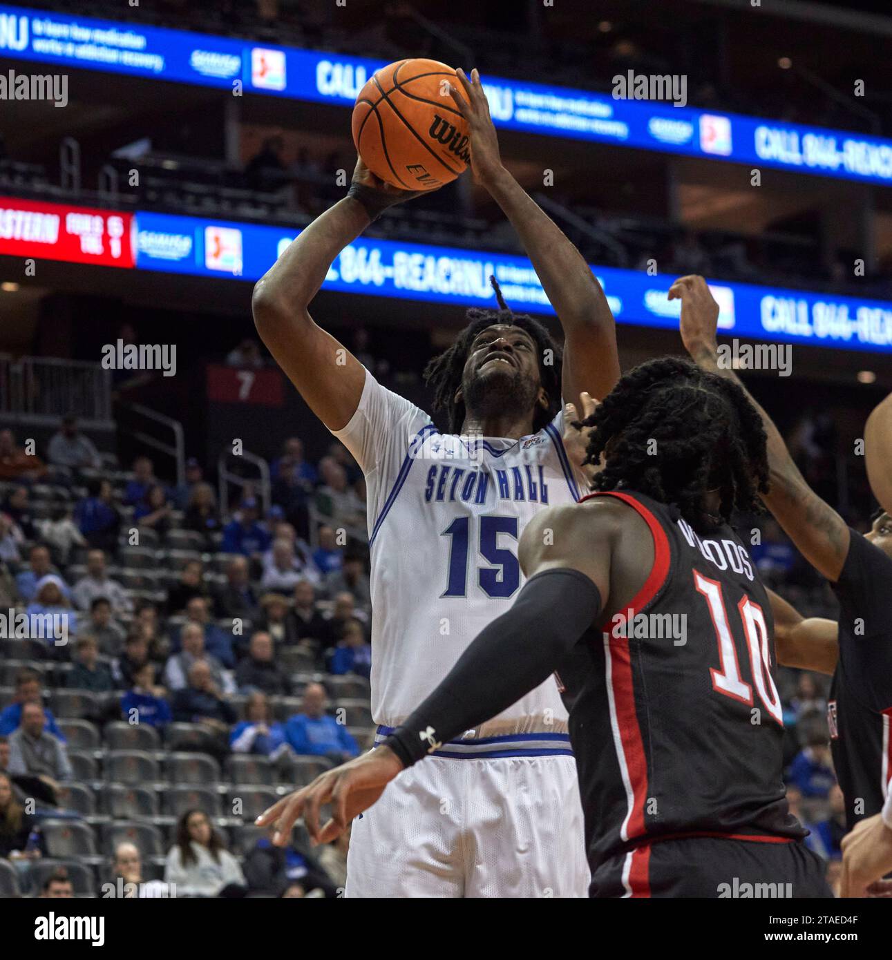 Seton Hall Pirates center Jaden Bediako (15) shoots over Northeastern ...