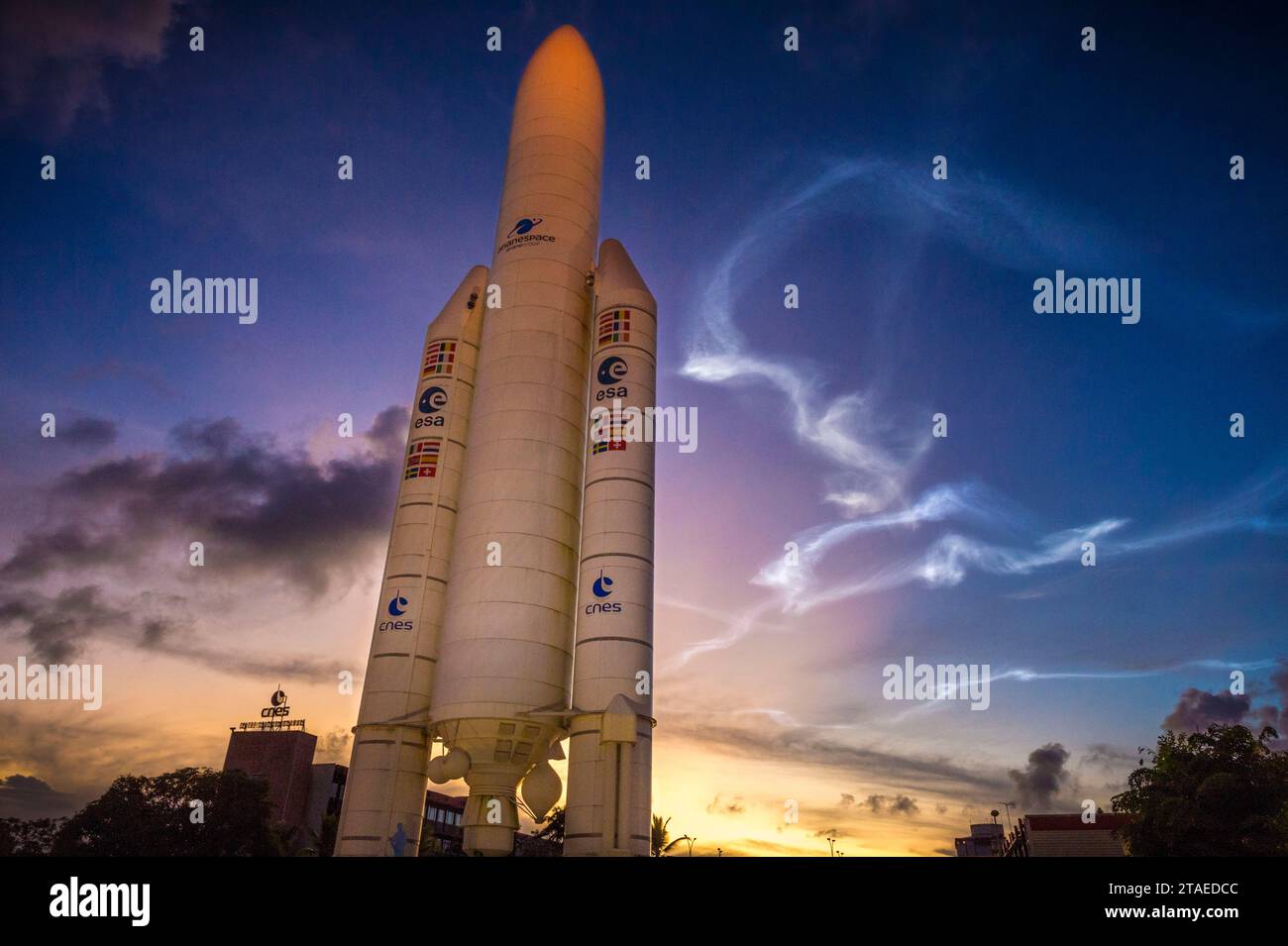 France, Guiana, Kourou, Centre Spatial Guyanais, life-size replica of the Ariane V (Ariane 5 ...