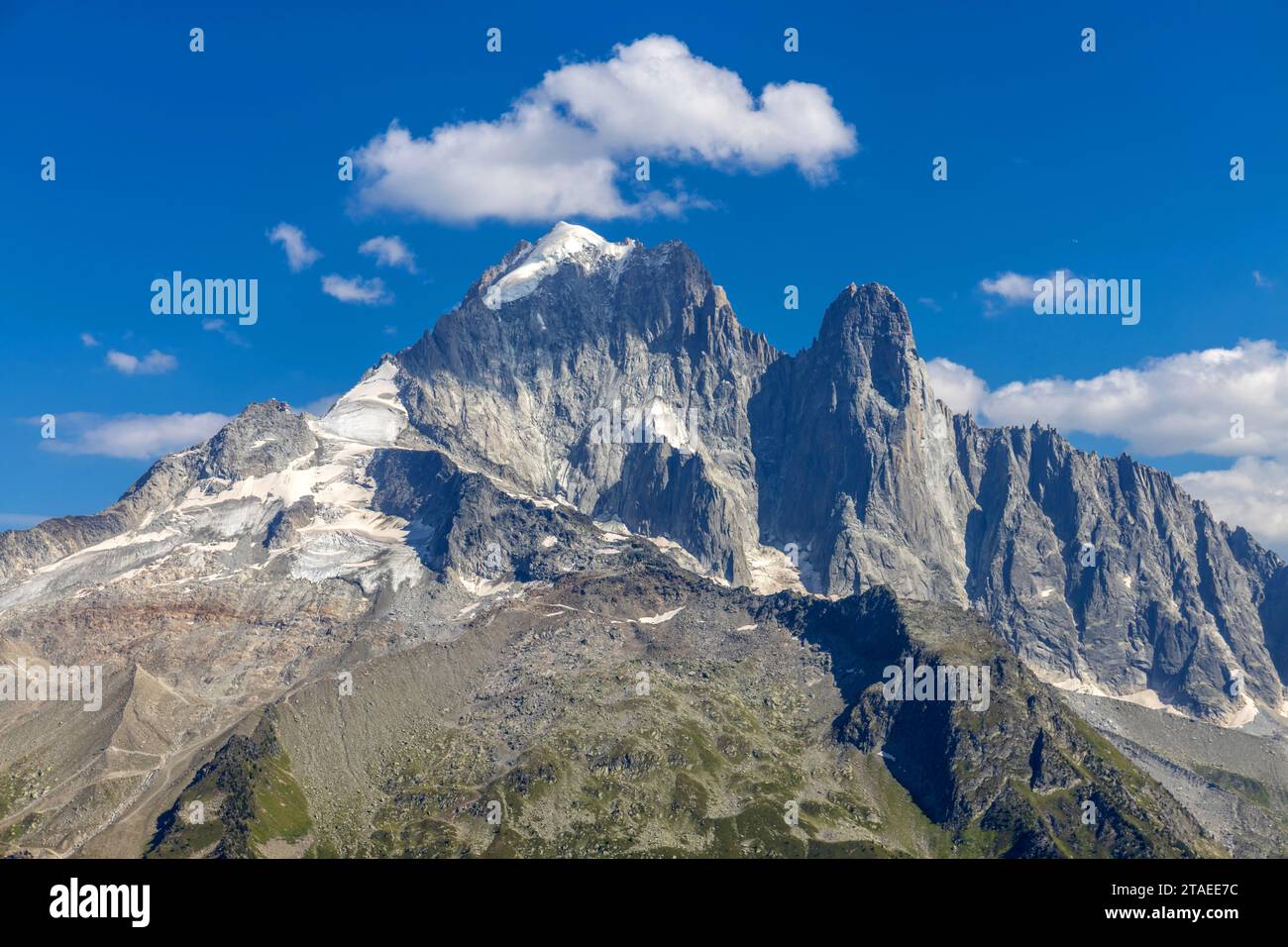 Chamonix valley mountain landscape. Aiguilles du Chamonix rocky peaks ...