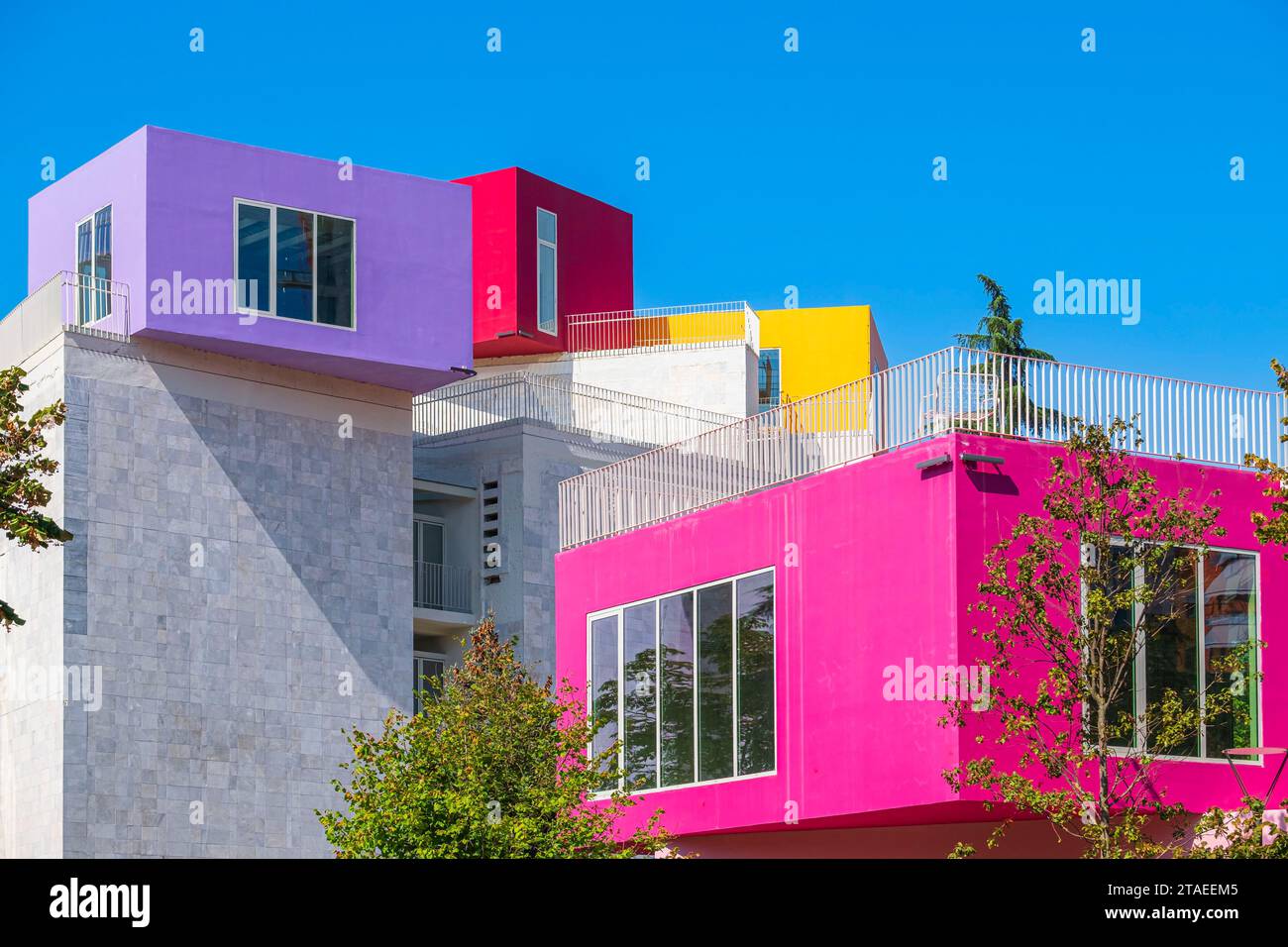 Albania, Tirana, multicolored cubes that are part of the Pyramid, a ...