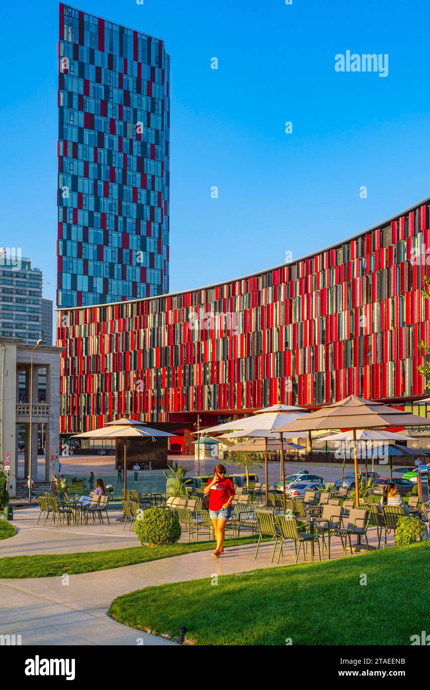 Albania, Tirana, Italia square, terrace of the Mulliri Gourmet café in ...