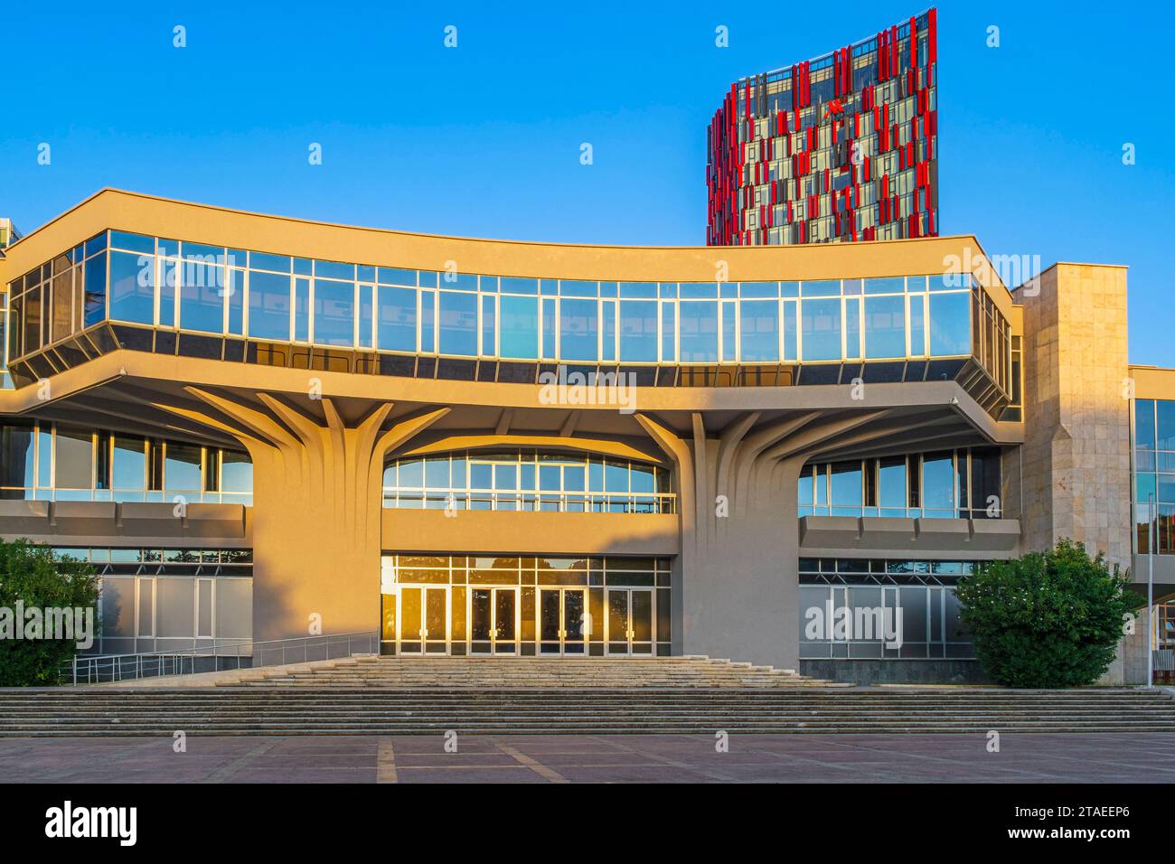 Albania, Tirana, the Congress Palace and the tower of the Arena Center ...